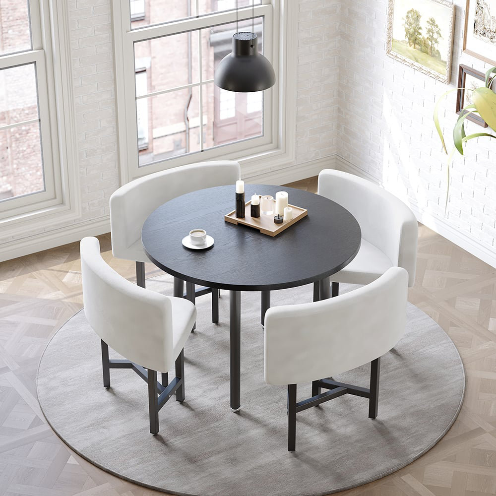 Latitude Run® 40" Round Wooden Small Nesting Dining Table Set for 4 White Upholstered Chairs ...